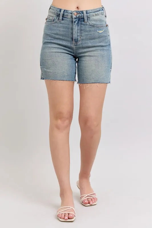 Judy Blue Full Size High Waist Vintage Wash Side Slit Denim Shorts Plu ...